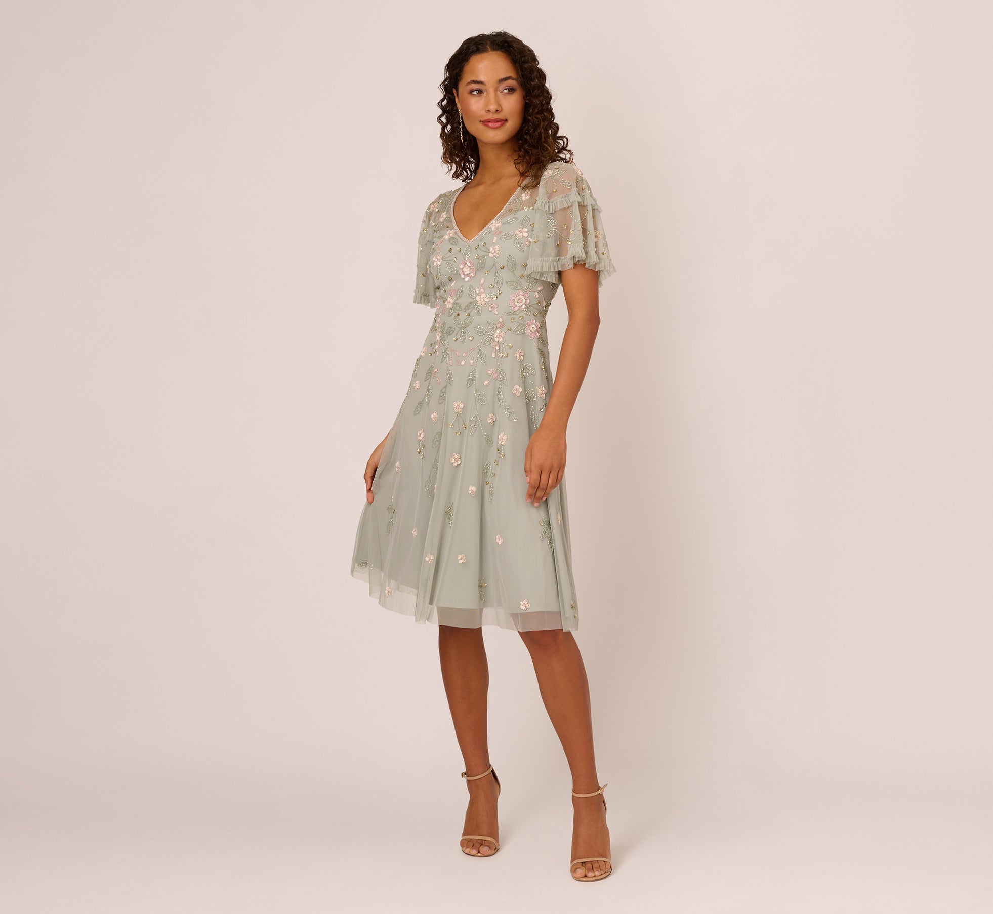 ADRIANNA PAPELL Beaded Floral Midi Dress with Ruffled Sleeves